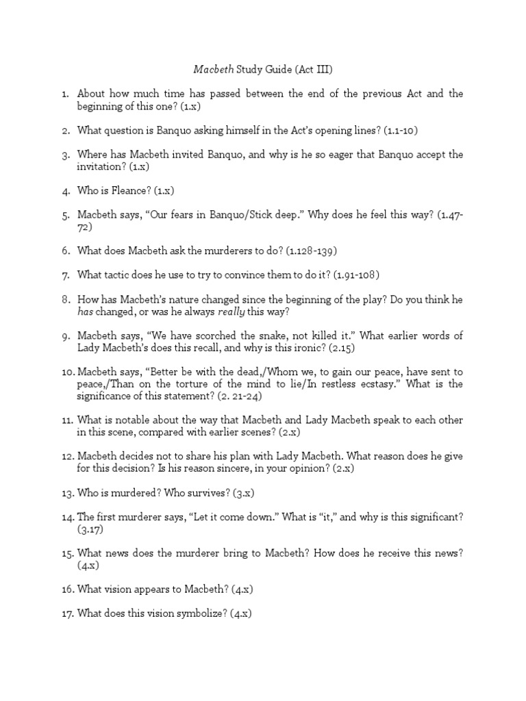 Macbeth Study Guide (Act III) | PDF | Religion & Spirituality