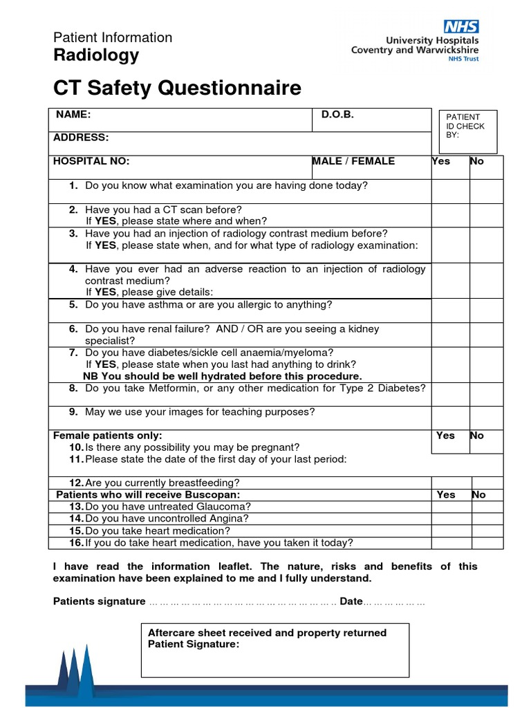 CT Safety Questionnaire: Radiology | PDF | Radiology | Ct Scan