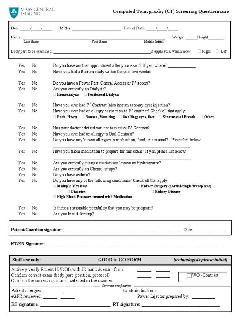 CT Screening Form | PDF | Ct Scan | Dialysis