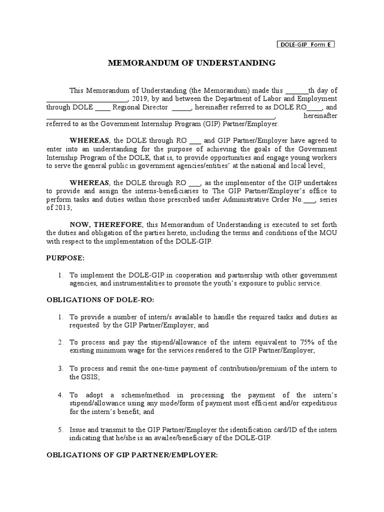 Memorandum of Understanding (E) | PDF | Unemployment Benefits | Private Law
