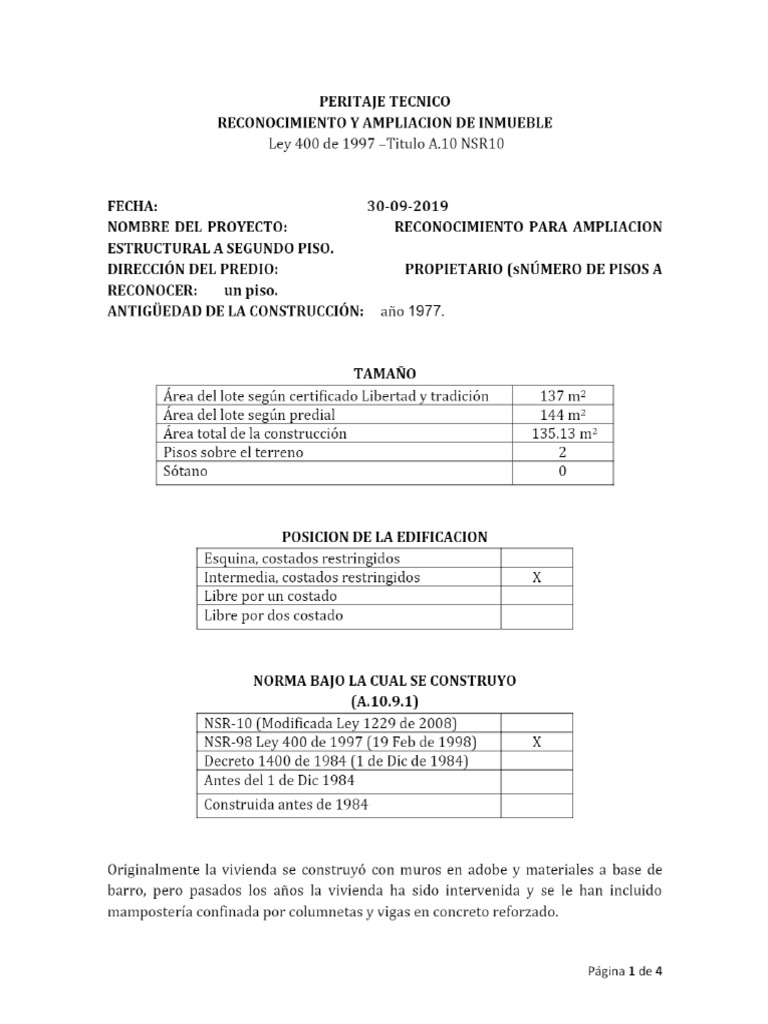 Carta de Reconocimiento Estructural, Peritaje Tecnico | PDF