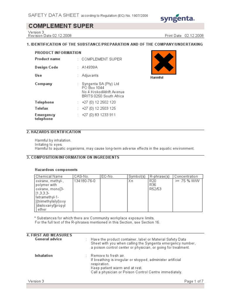 Complement Super: Safety Data Sheet | PDF | Toxicity | Personal ...