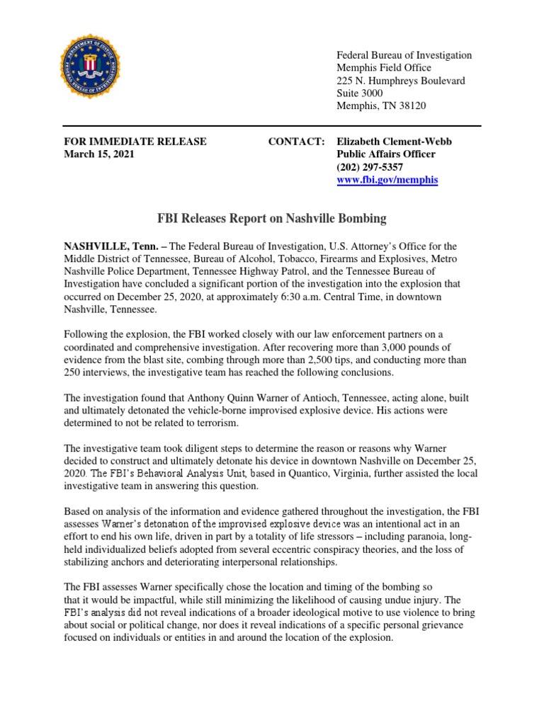 FBI Releases Report On Nashville Bombing | PDF | Federal Bureau Of ...