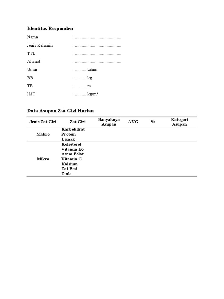 Data Gizi dan Identitas Responden | PDF