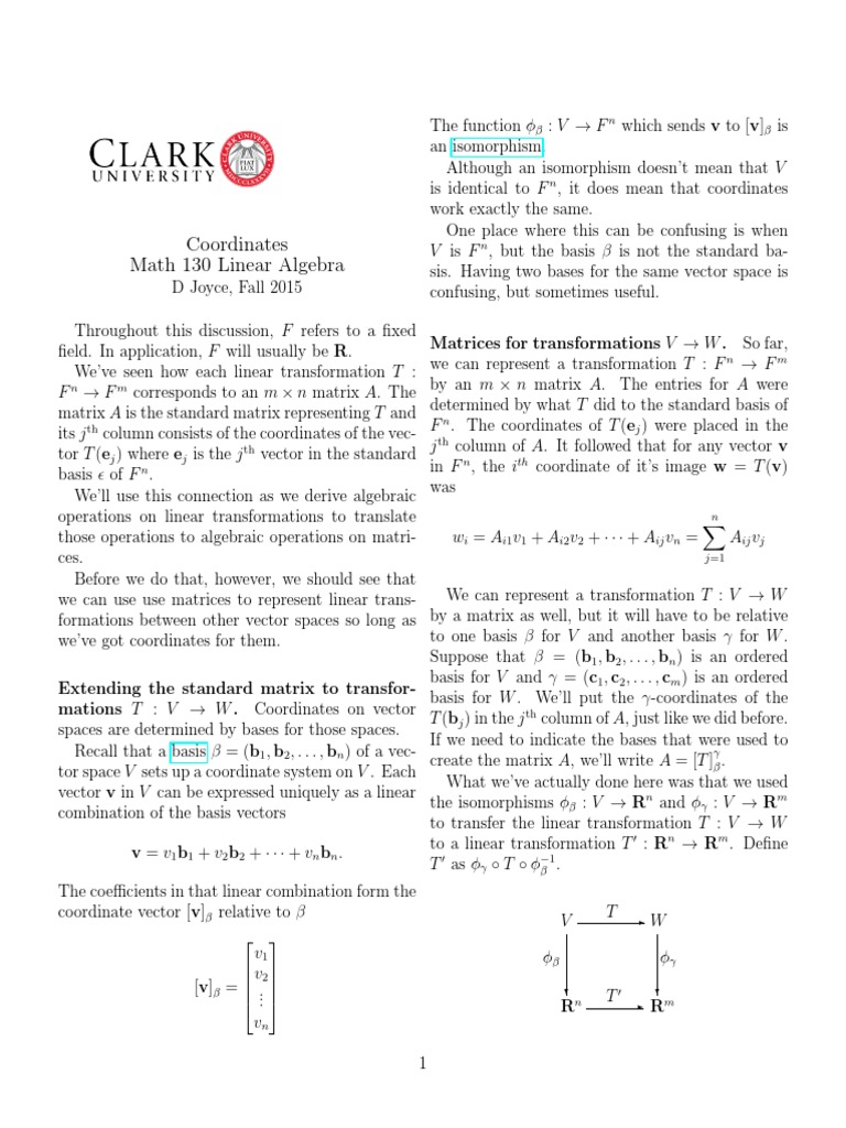 Coordinates Math 130 Linear Algebra | PDF | Linear Map | Matrix ...