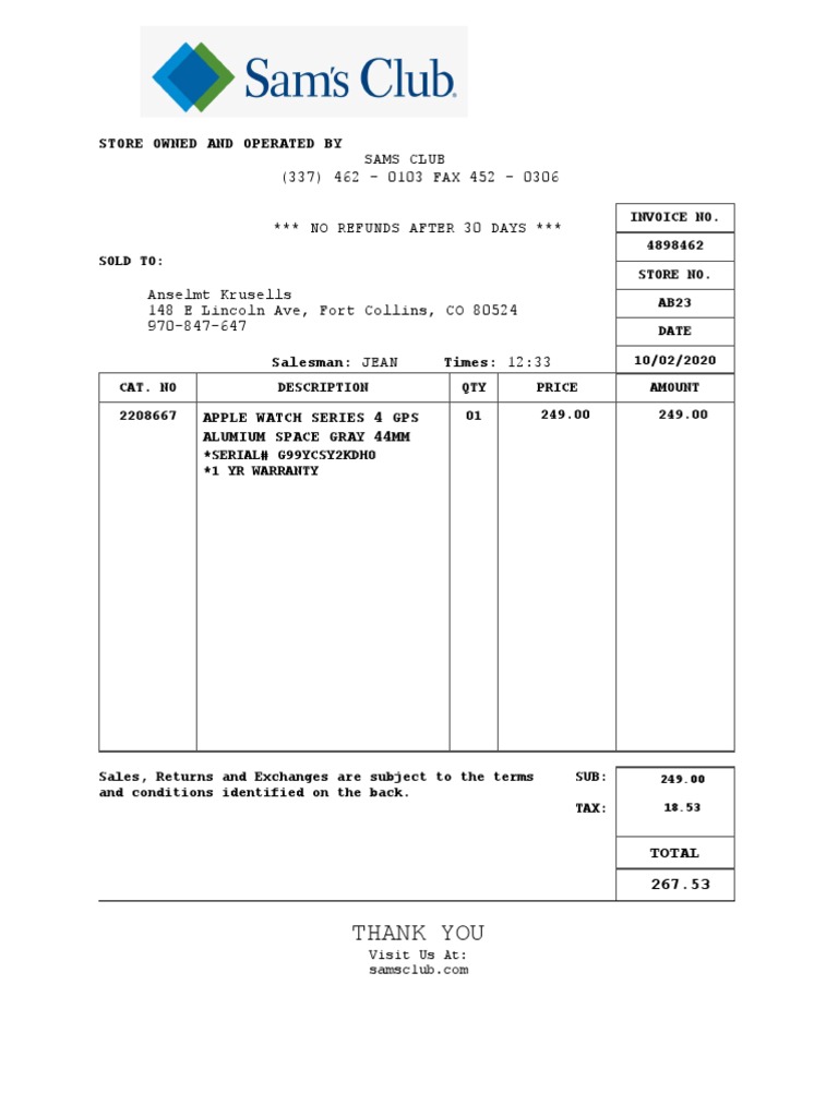 Sams Club Invoice for Apple Watch Purchase | PDF