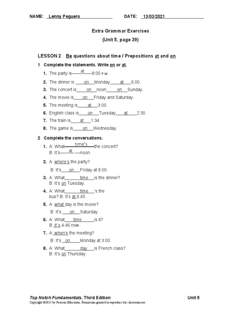 Extra Grammar Exercises (Unit 5, Page 39) : Top Notch Fundamentals ...