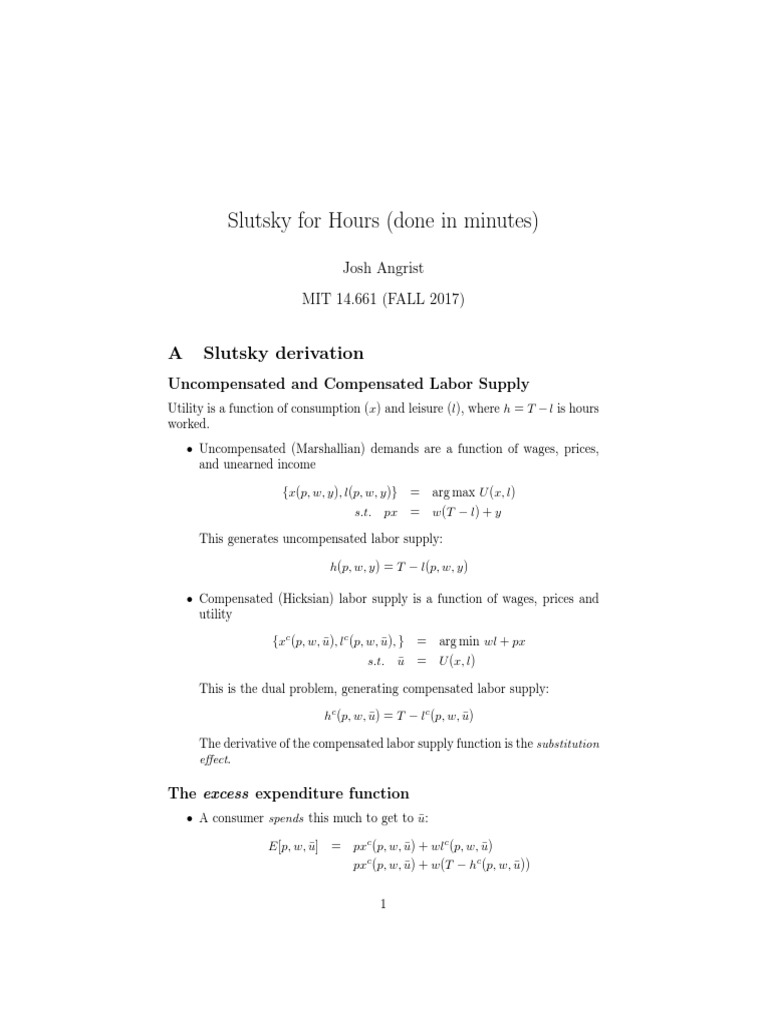 Topic 1 - Slutzky Equation For Hours | PDF | Labour Economics ...