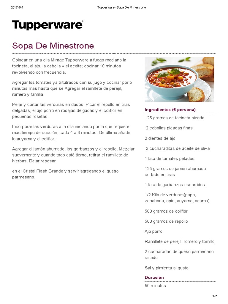 Tupperware - Sopa de Minestrone | PDF | Ingredientes de comida | Cocina