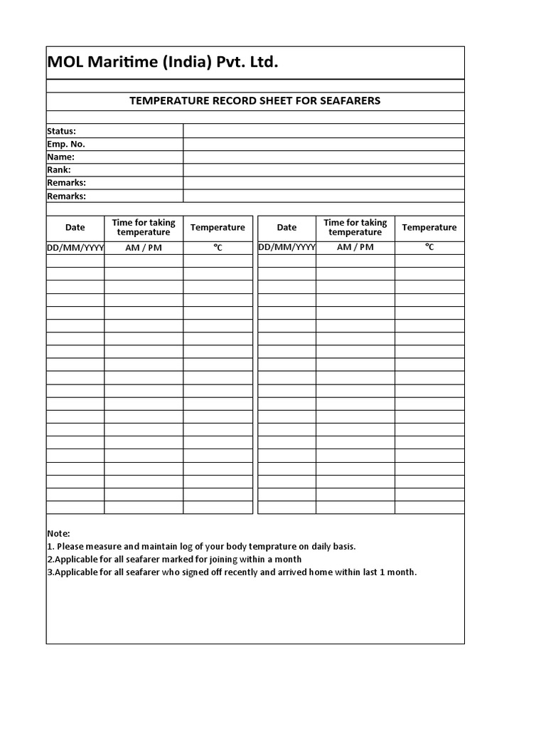 Temperature Record Sheet - For Seafarers | PDF