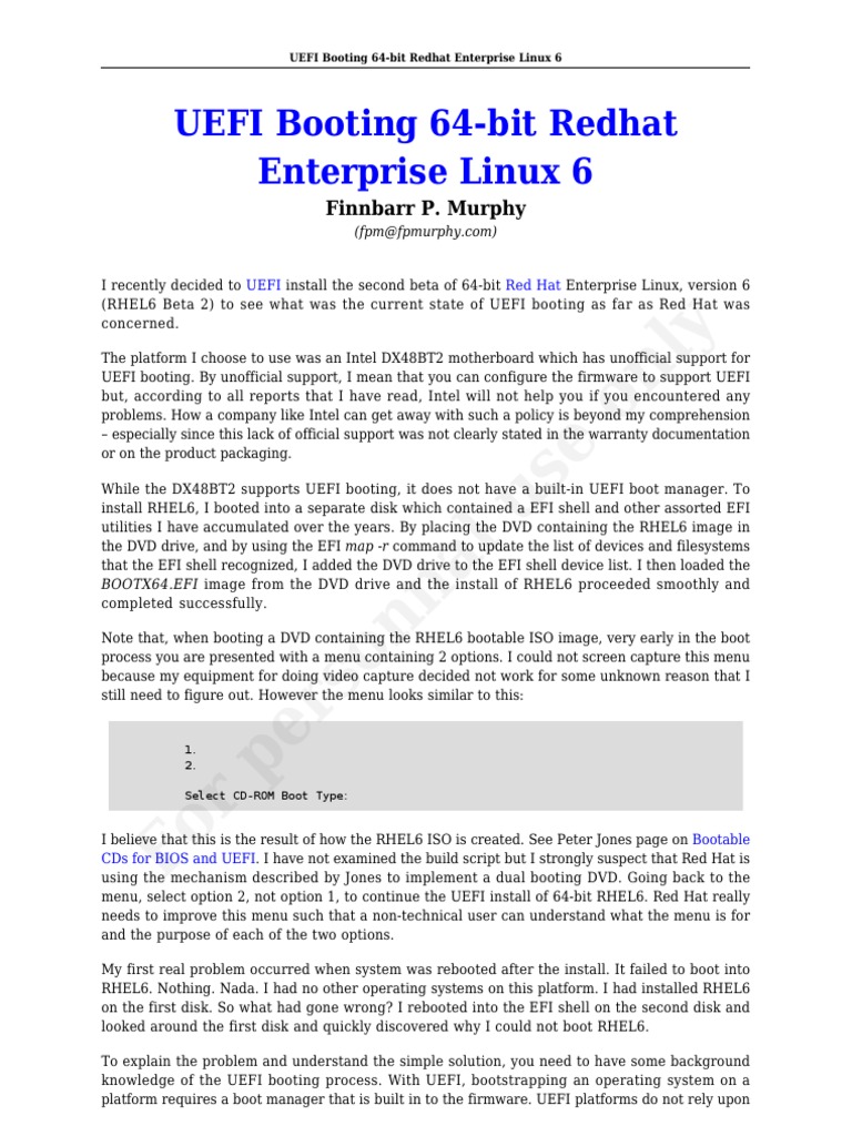 UEFI Booting 64 Bit Redhat Enterprise Linux 6 | PDF | Booting | Operating System Technology