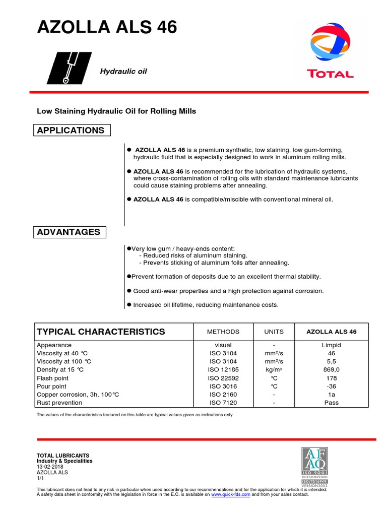 TDS - Total - Azolla Als 46 - SMH - 201802 - en | PDF | Lubricant | Building Materials