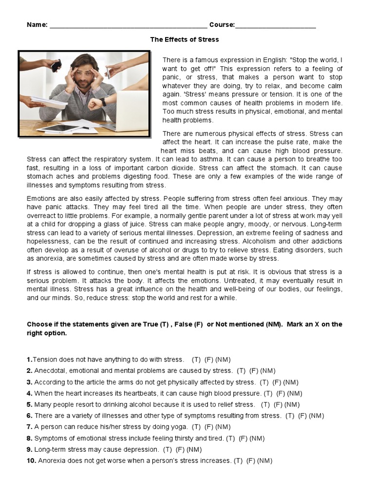 Stress Reading Task Reading Comprehension Exercises - 105292 | PDF ...
