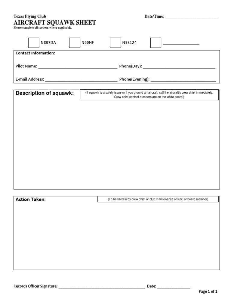 TFC Aircraft Squawk Sheet | PDF