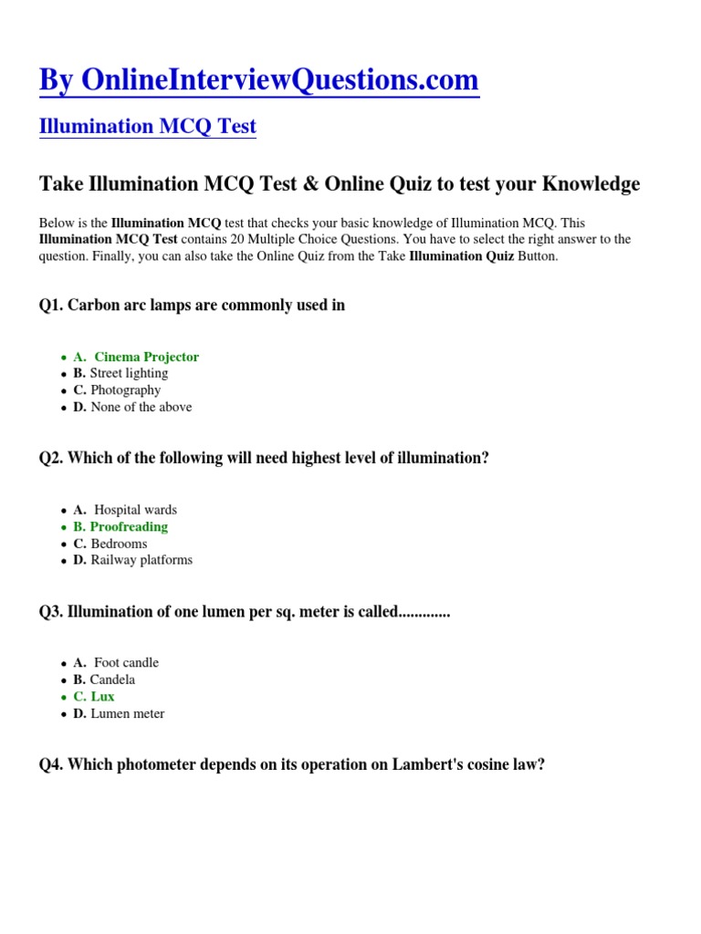 Take Illumination MCQ Test & Online Quiz To Test Your Knowledge | PDF ...