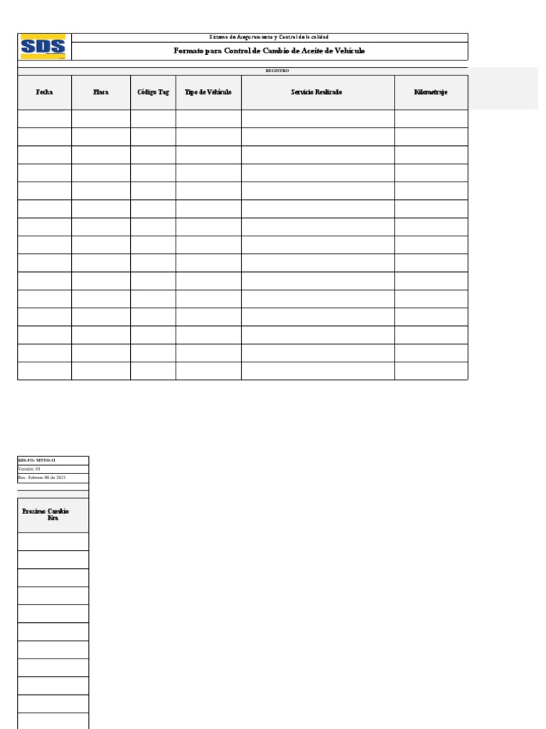 SDS-FO-MTTO-11 Formato de Control Cambio de Aceite | PDF | Tecnología