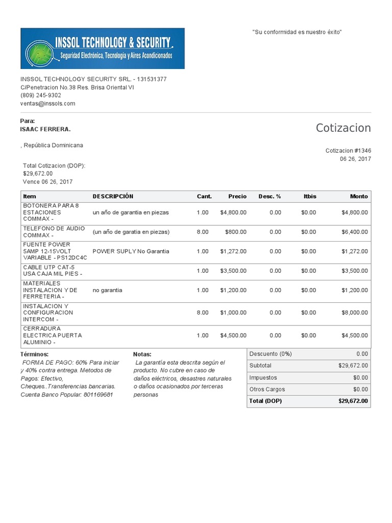 Cotizacion #1346 Sistema Basico | PDF | Bancario | Servicios financieros