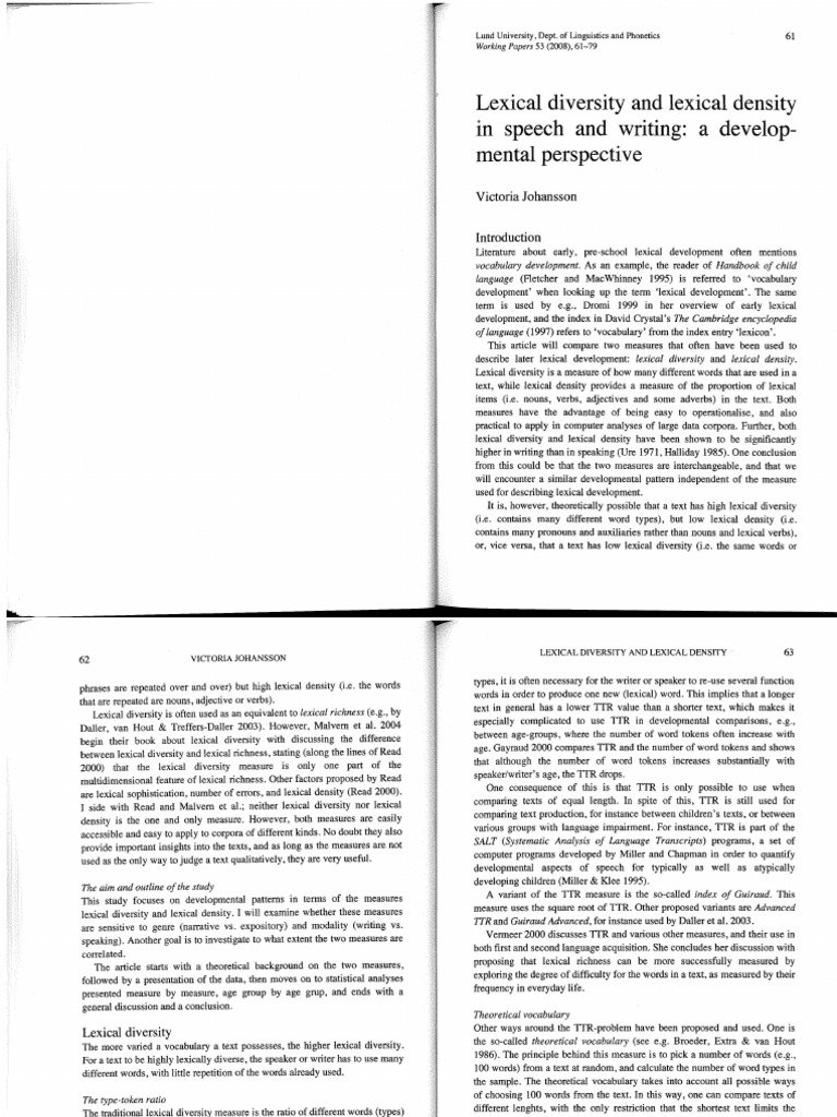 Lexical Diversity and Lexical Density in Speech and Writing: A Developmental Perspective | PDF ...