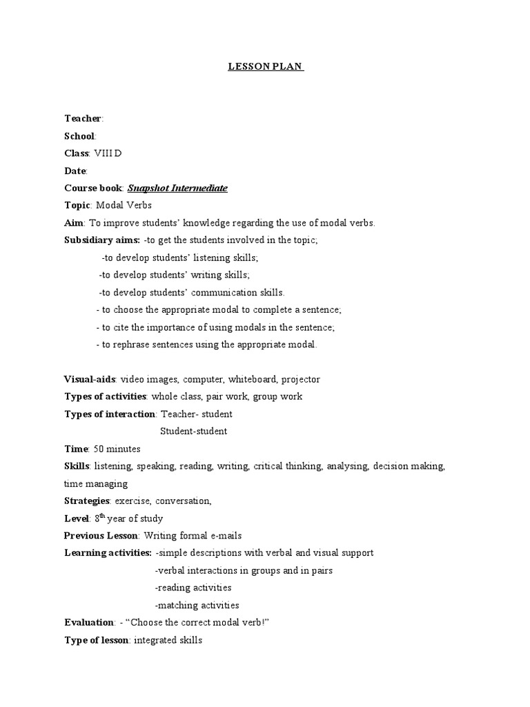 Lesson Plan Modal Verbs 8 | PDF | Lesson Plan | Teachers Lesson Plan Modal Verbs 8 | PDF | Lesson Plan | Teachers