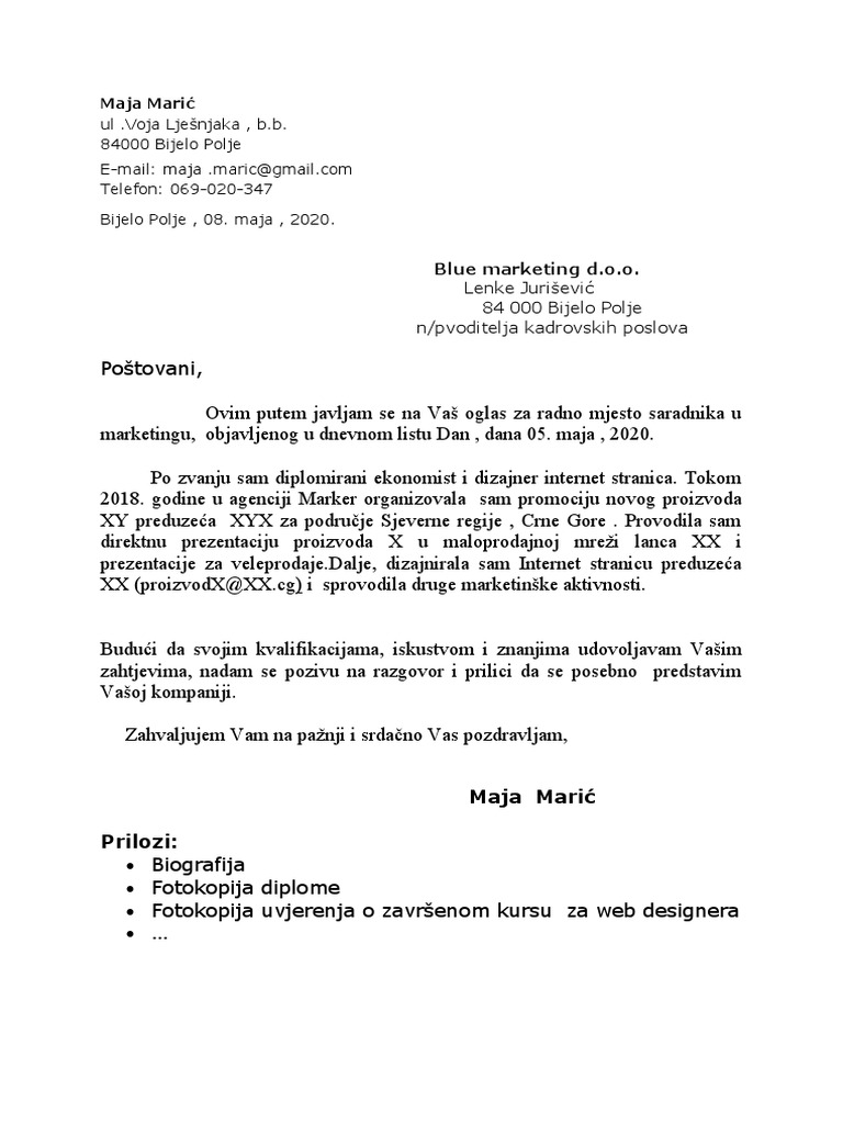 Molba Sa Konkursom Primjer | PDF