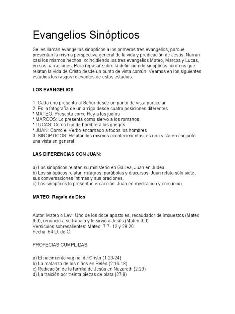 Evangelios Sinópticos Resumen | PDF | Evangelio de Mateo | Jesús