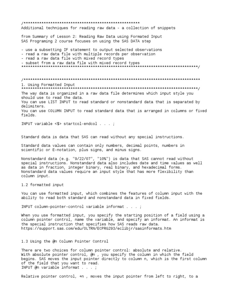 Techniques for Reading Raw Data in SAS | PDF | Pointer (Computer ...