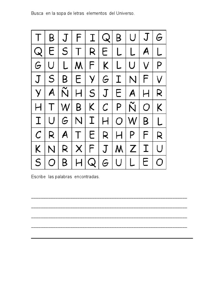 Busca en La Sopa de Letras Elementos Del Universo | PDF