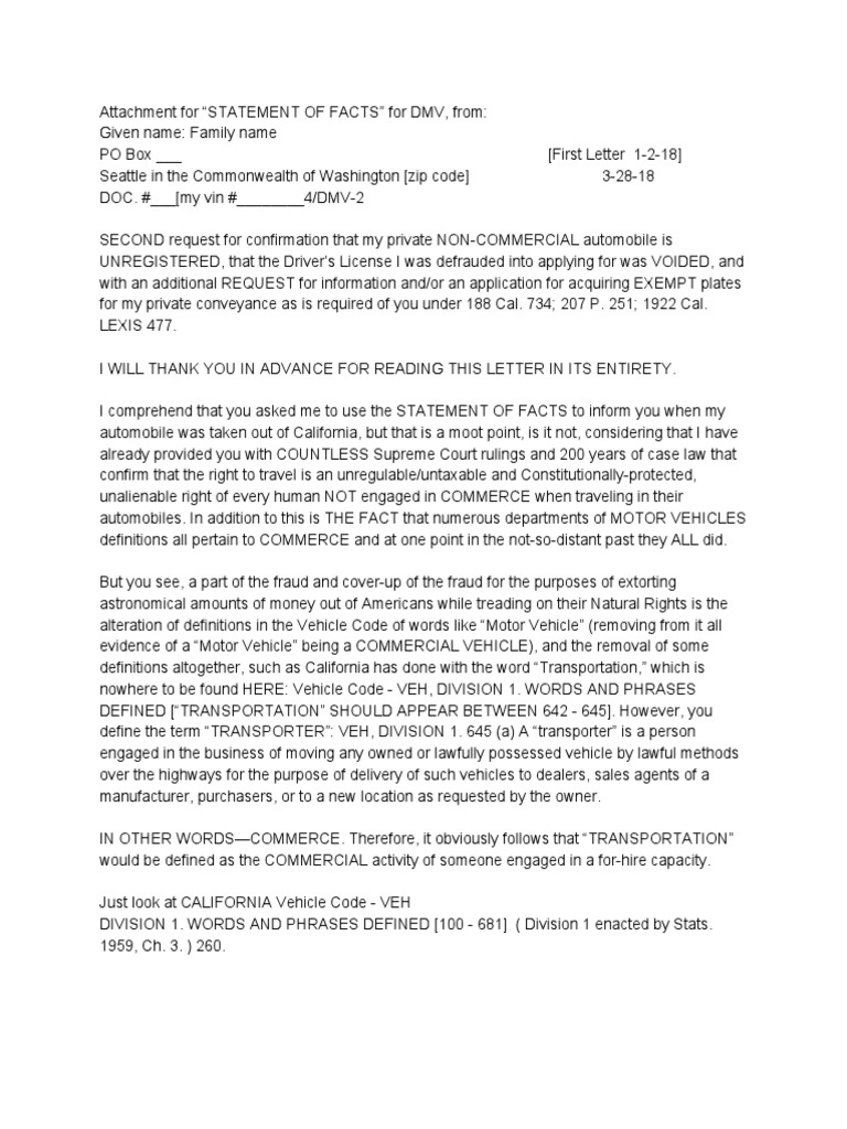 Letter To Dmv Statement Of Facts Right To Travel Pdf Department 1268