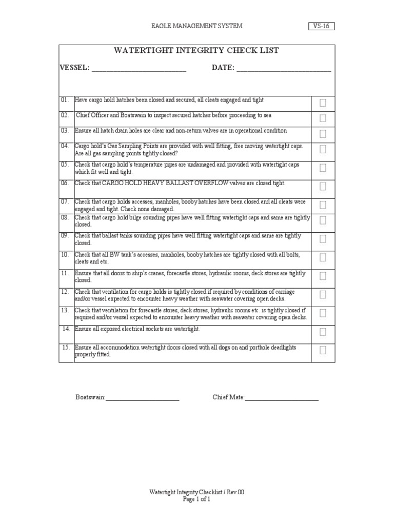 Watertight Integrity Check List: VESSEL: - DATE | PDF