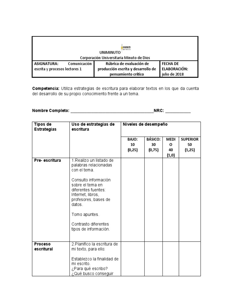 Rúbrica para Evaluar Ejercicios de Escritura | PDF