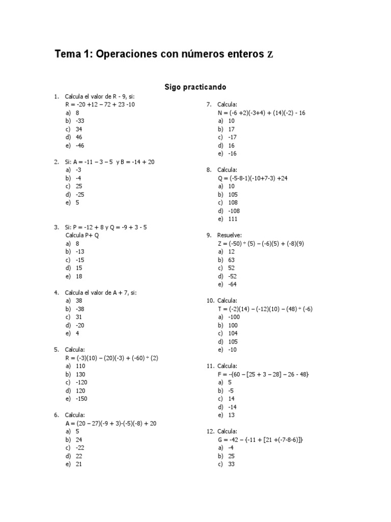 Tema 1: Operaciones Con Números Enteros: Sigo Practicando | PDF
