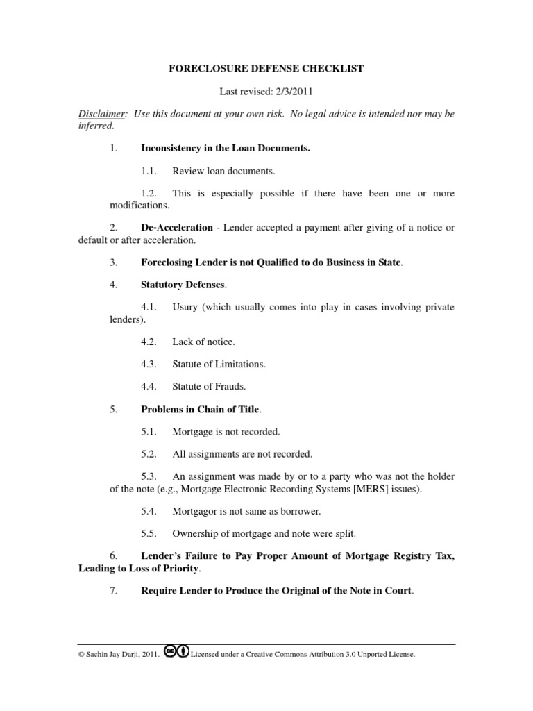 Foreclosure Defenses Checklist | PDF | Foreclosure | Mortgage Law