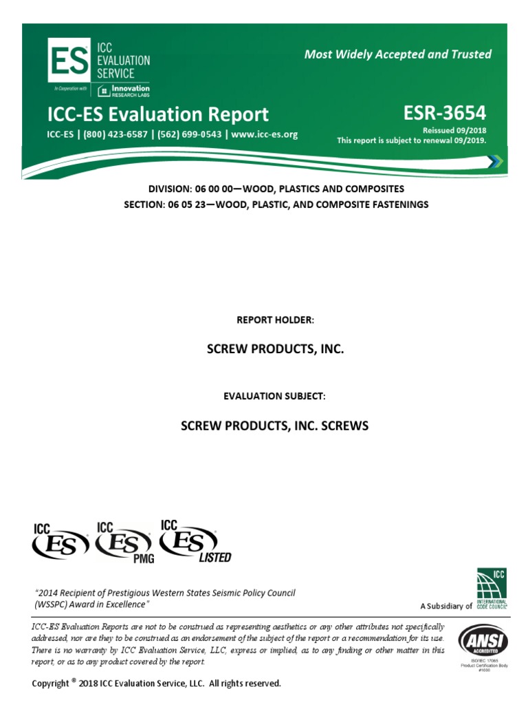 ICC ES Evaluation Report ESR 3654: Screw Products, Inc | PDF | Lumber ...