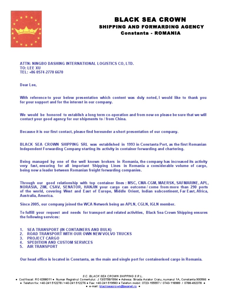 Introducing Black Sea Crown Shipping Constanta | PDF | Cargo ...