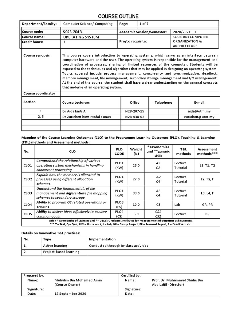 c1 Scsr2043 Operating Systems Course Outline | PDF | Process (Computing) | Scheduling (Computing)