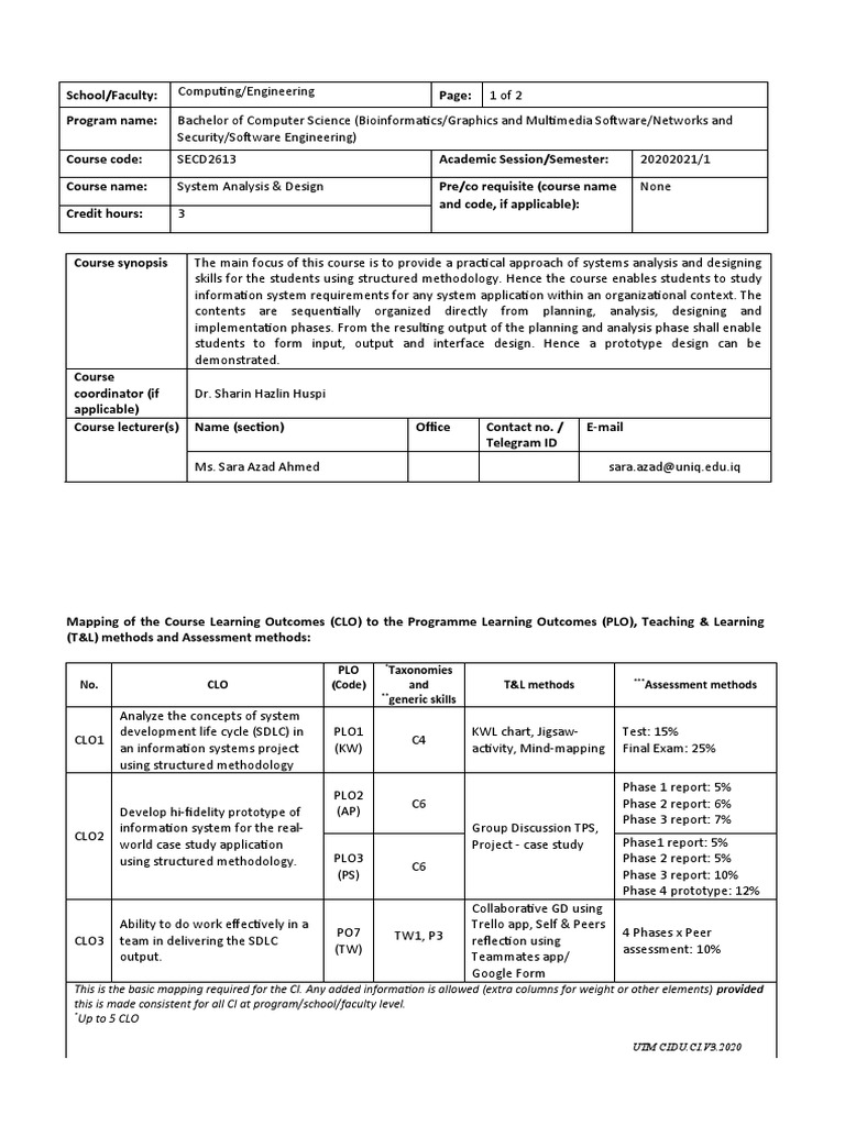 No. CLO PLO (Code) Taxonomies and Generic Skills T&L Methods Assessment ...