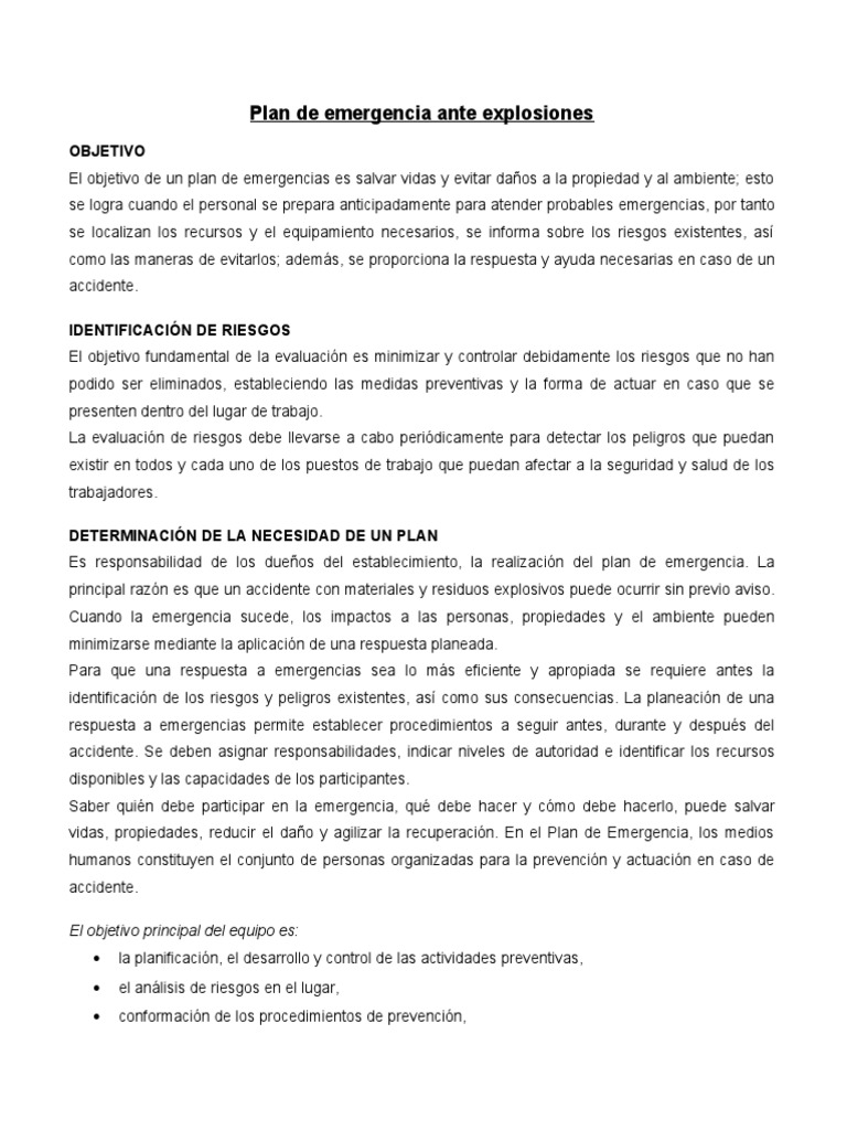 Plan de Emergencia Ante Explosiones | PDF | Primeros auxilios | Defensa ...