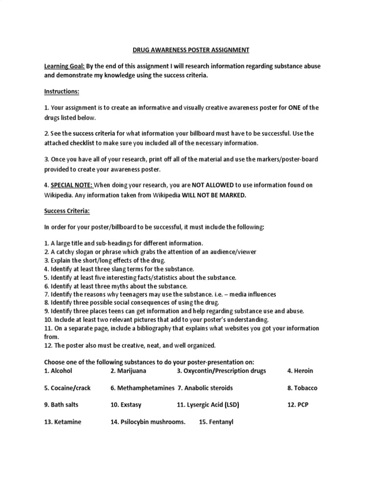 Drug Awareness Poster Assignment | PDF | Substance Abuse | Drugs
