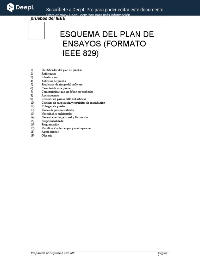 Esquema del Plan de Pruebas IEEE 829 | PDF | Software de la aplicacion ...