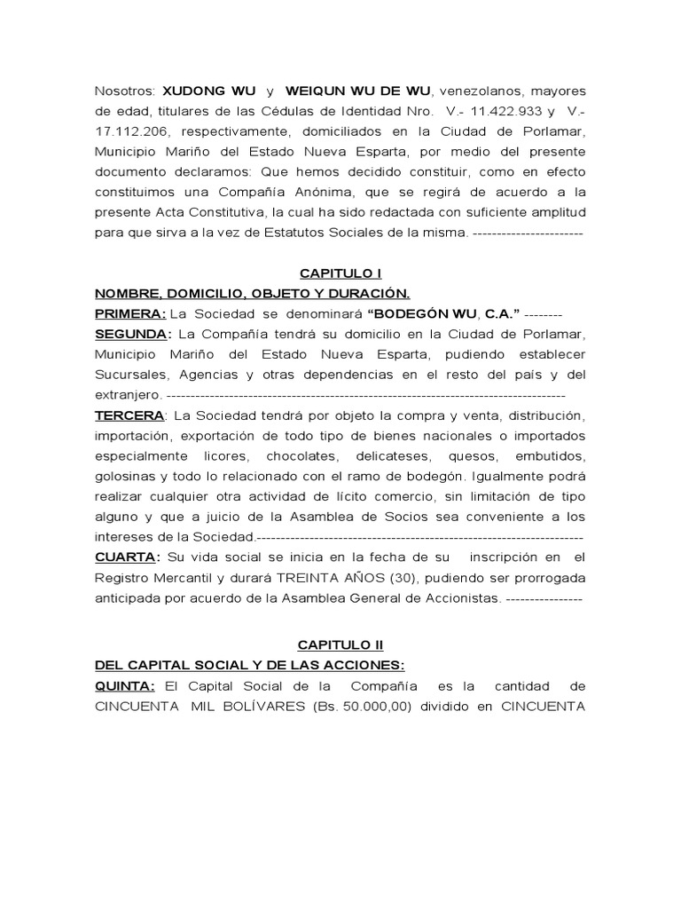 Acta Constitutiva Bodegon Wu | PDF | Empresas | Corporaciones