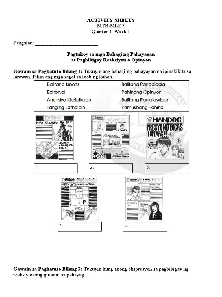 MTB-MLE 3 Activity Sheet Q3 W1 | PDF