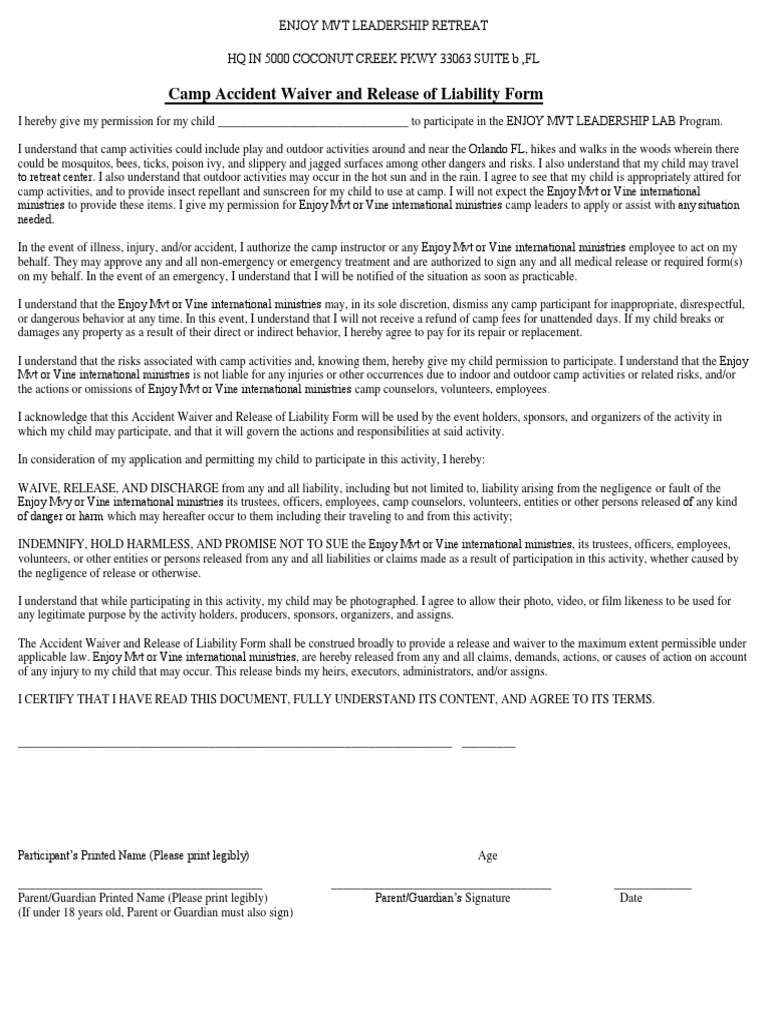 Camp Accident Waiver and Release of Liability Form | PDF | Indemnity ...
