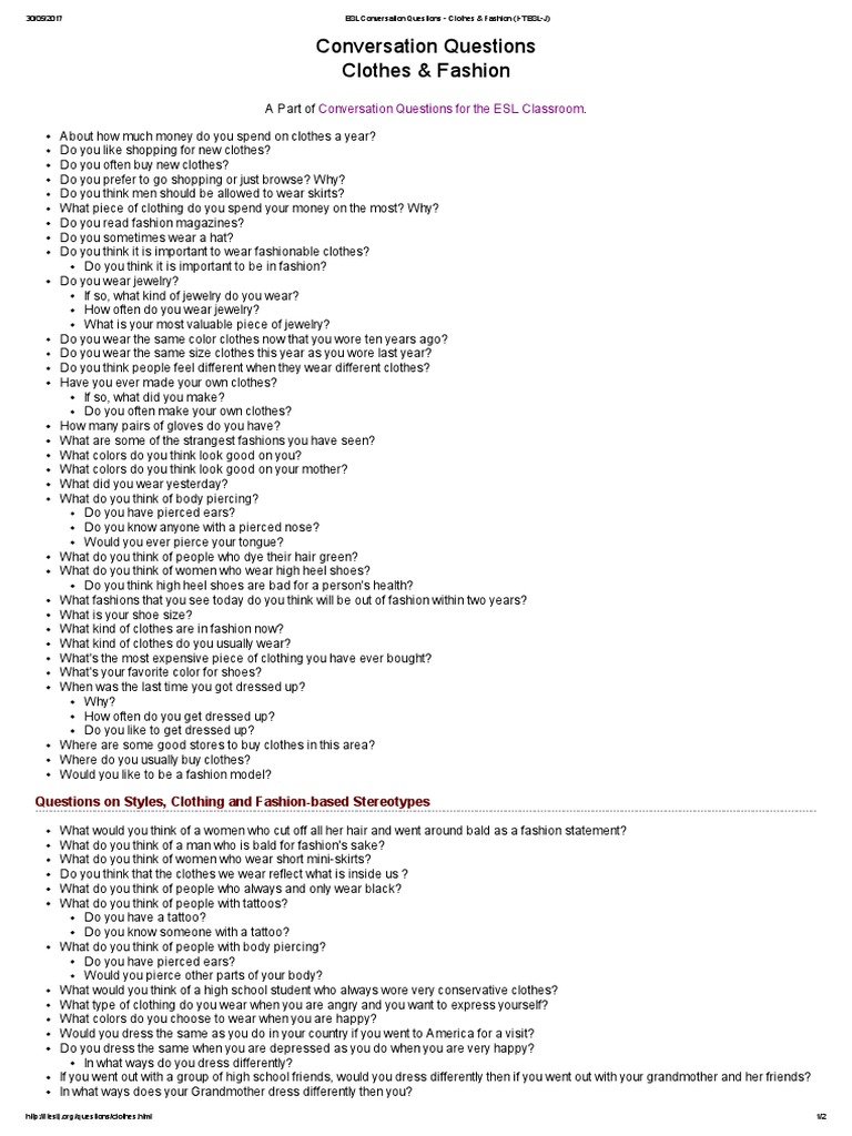 ESL Conversation Questions - Clothes & Fashion (I-TESL-J) | PDF ...