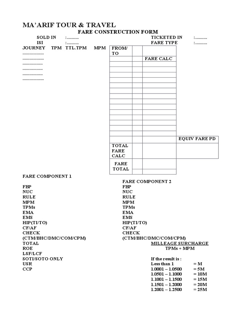 Ma'Arif Tour & Travel: Fare Construction Form | PDF