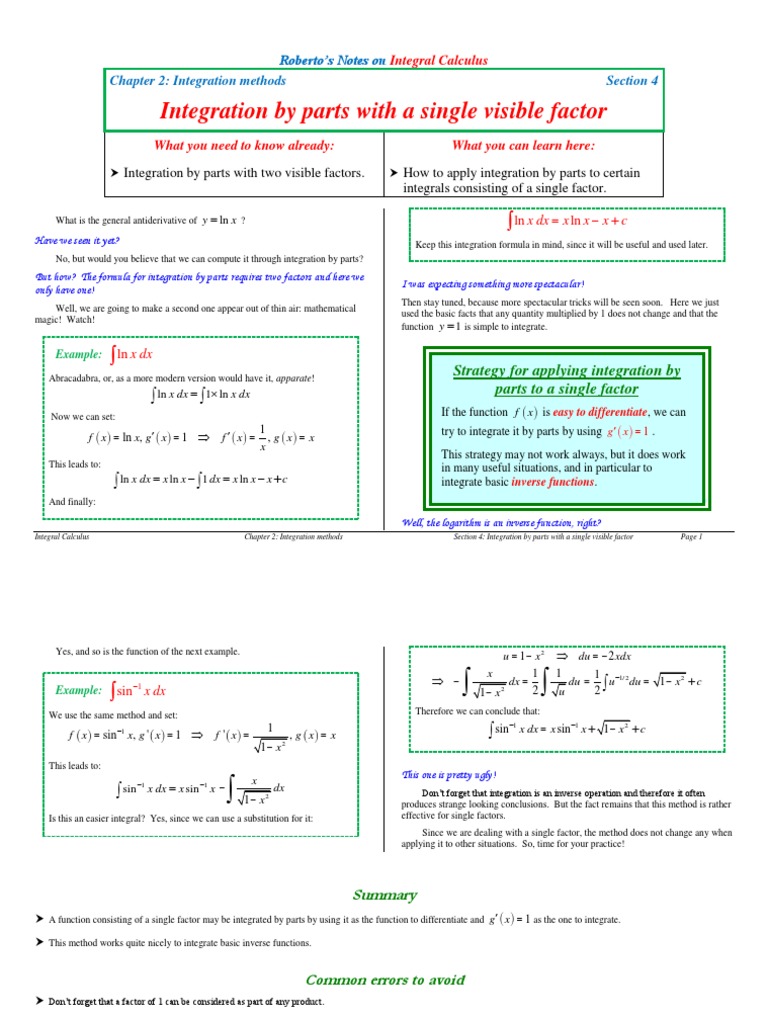 Integration by Parts With A Single Visible Factor: Integral Calculus ...
