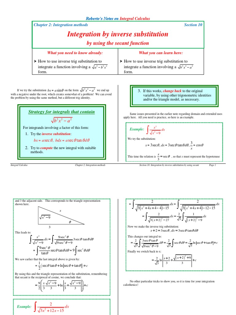 Integration by Inverse Substitution: by Using The Secant Function | PDF ...