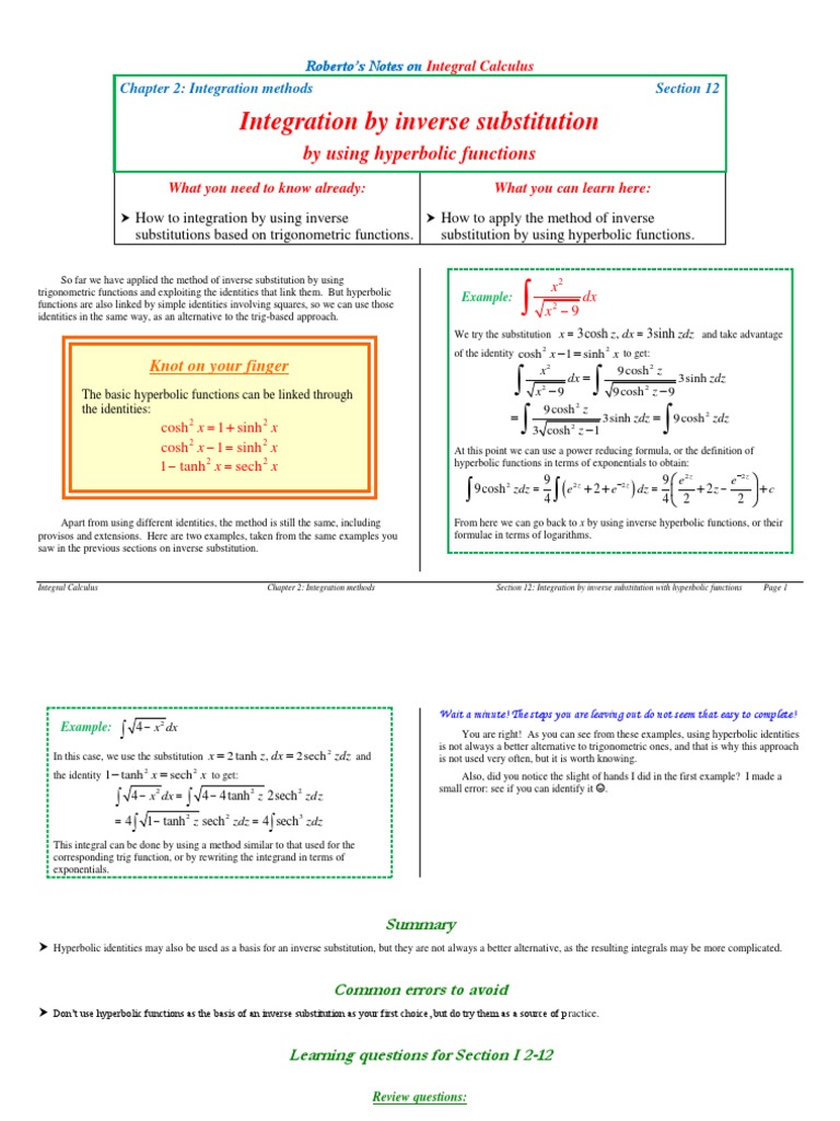 Integration by Inverse Substitution: by Using Hyperbolic Functions ...