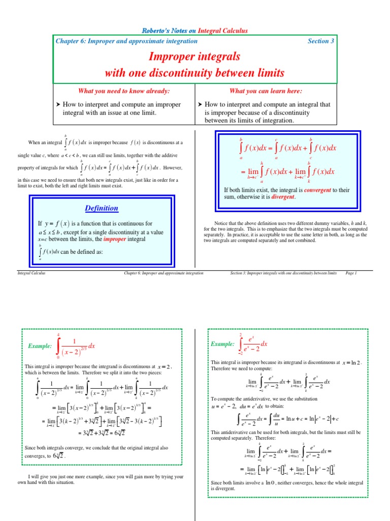 Improper Integrals With One Discontinuity Between Limits: Integral ...