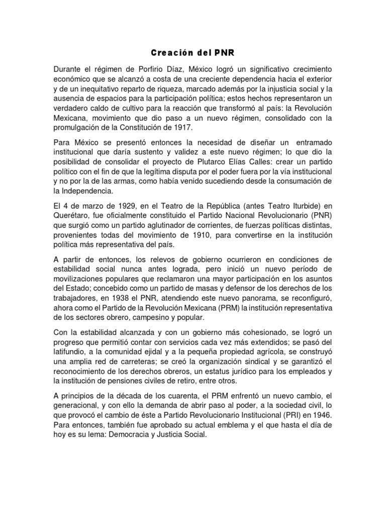 Creacion Del PNR | PDF | Partido Revolucionario Institucional | México