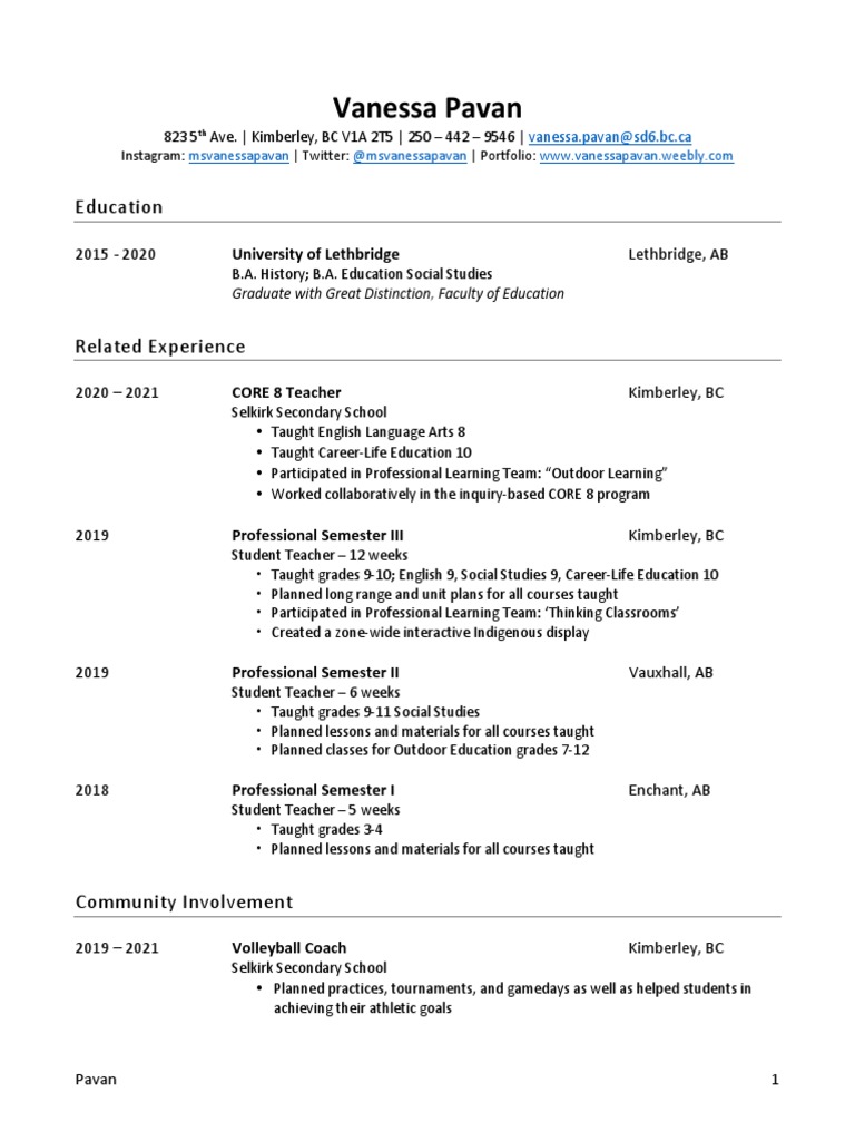 Vanessa Pavan's Teaching Resume | PDF | Teachers | Teaching